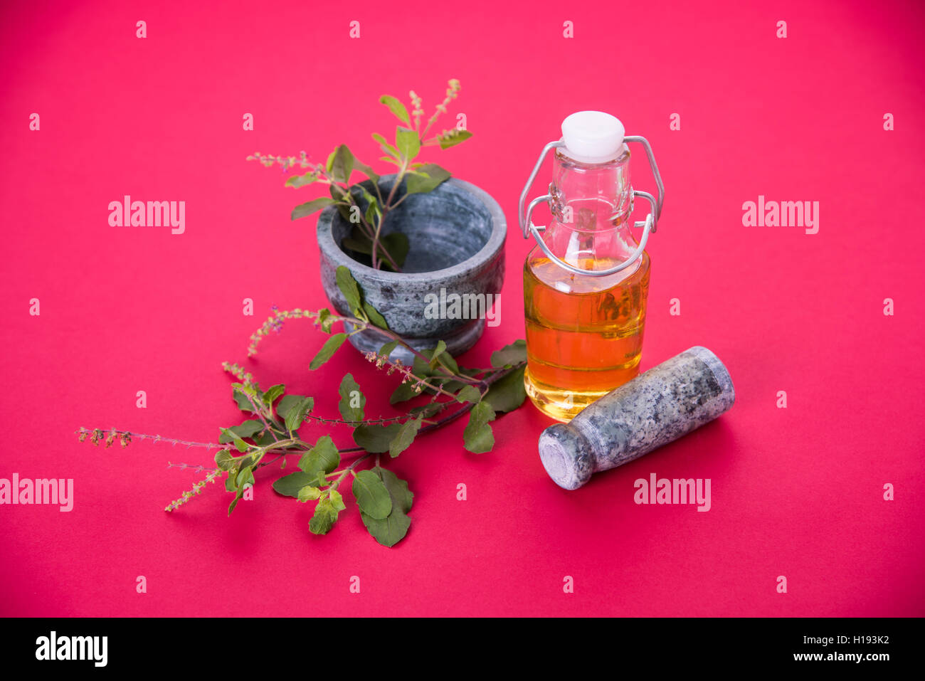 Tulsi oil or holy basil oil with Mortar and Pestle, tulsi or holy basil ...