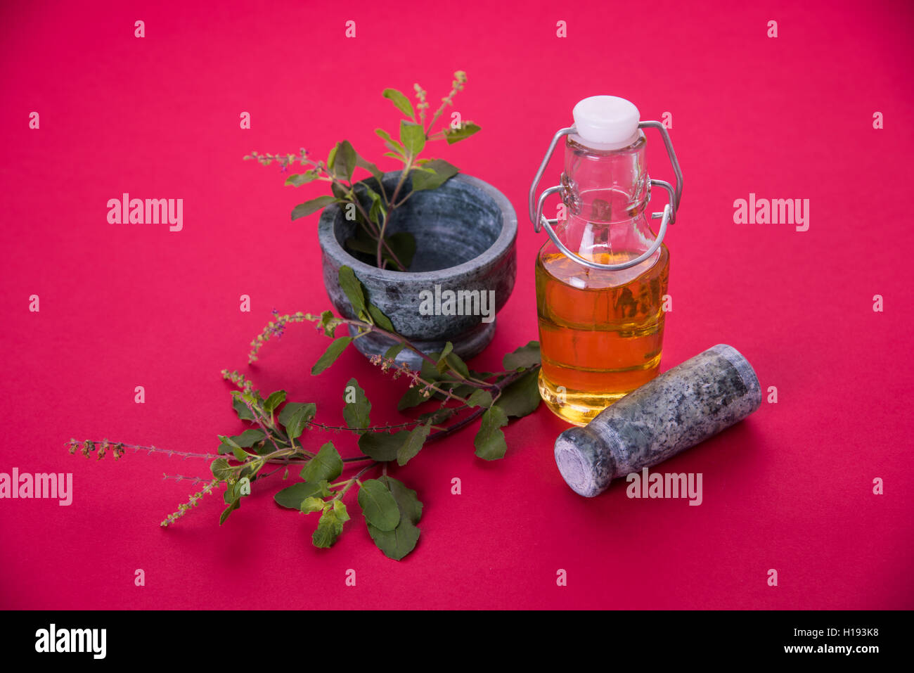 Tulsi oil or holy basil oil with Mortar and Pestle, tulsi or holy basil ...