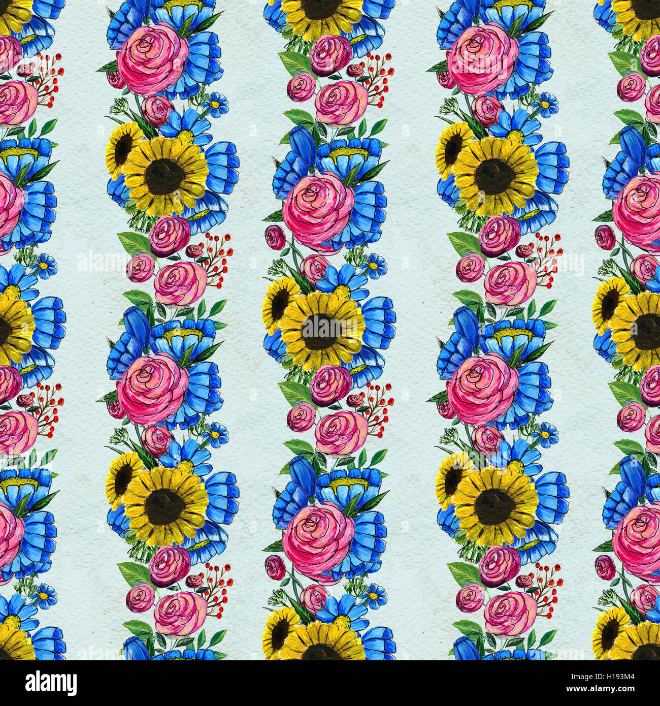 Seamless pattern with blue yellow and pink flowers Stock Photo - Alamy