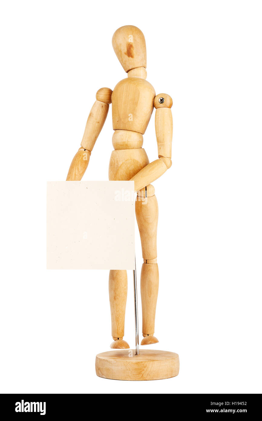 Wooden dummy holding handmade paper isolated on a white background ...