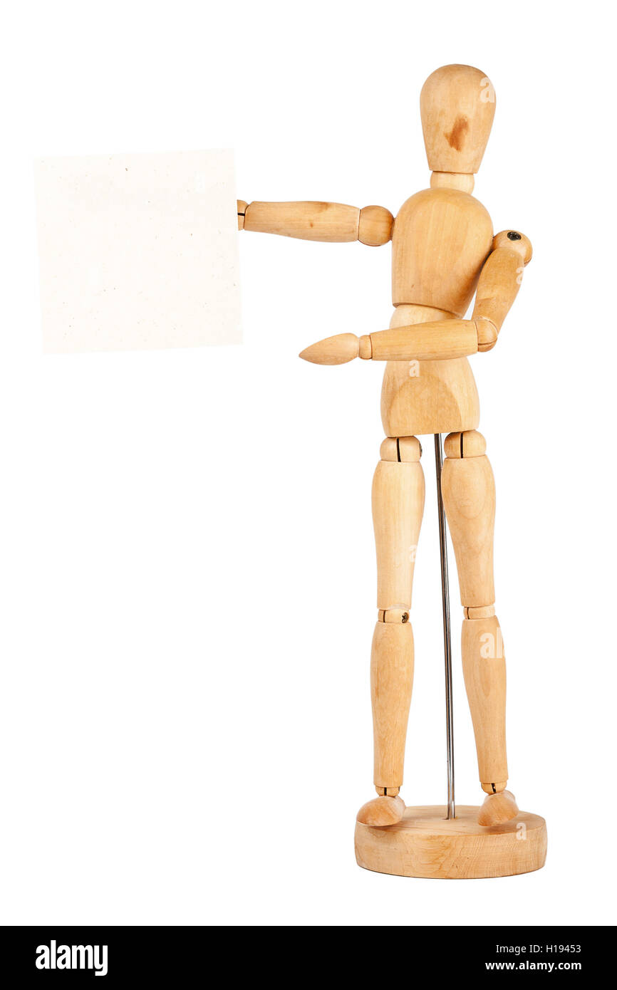 Wooden dummy holding handmade paper isolated on a white background ...