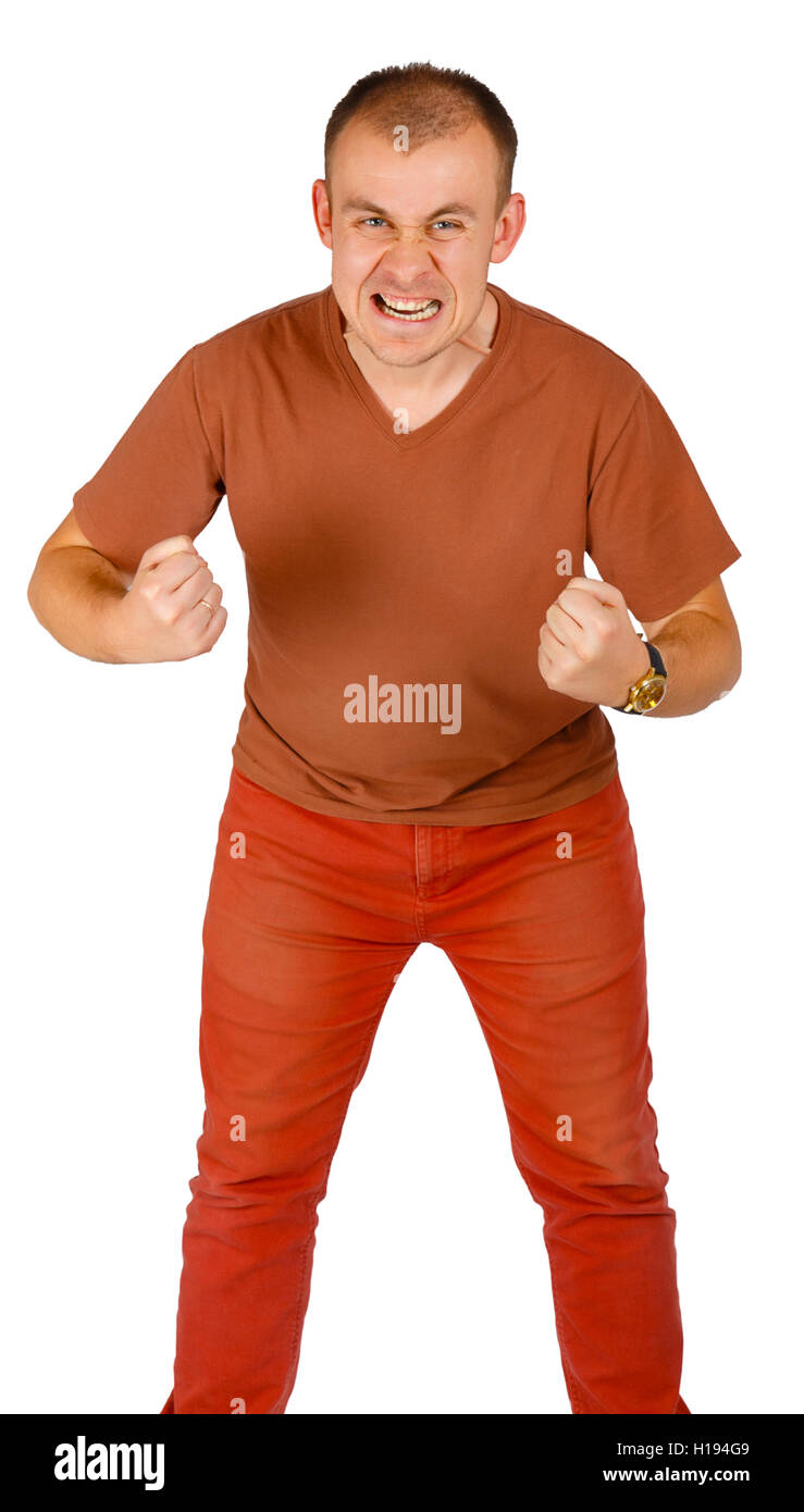 Aggressive young man isolated on white background Stock Photo - Alamy