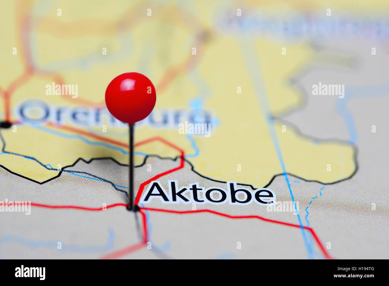 Aktobe pinned on a map of Kazakhstan Stock Photo - Alamy