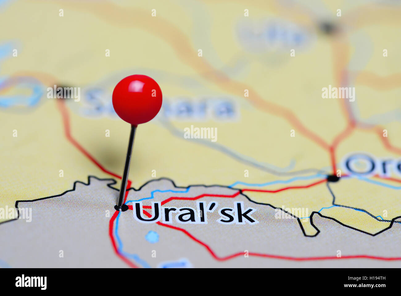 Uralsk pinned on a map of Kazakhstan Stock Photo - Alamy