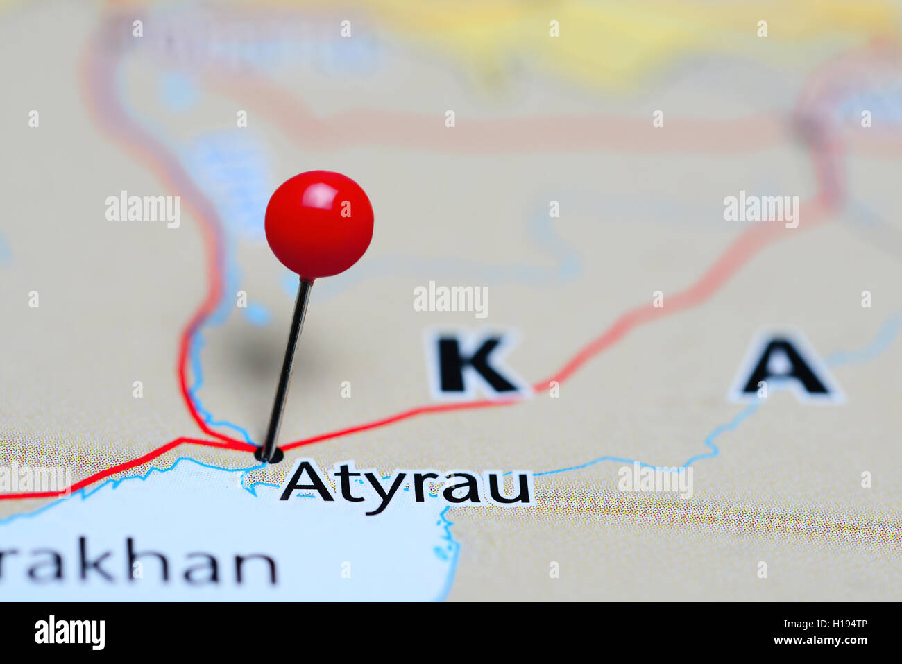 Atyrau pinned on a map of Kazakhstan Stock Photo - Alamy