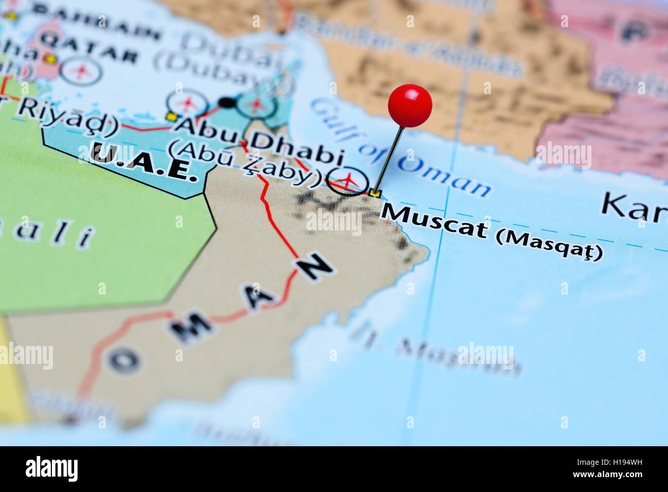 Muscat pinned on a map of Oman Stock Photo - Alamy