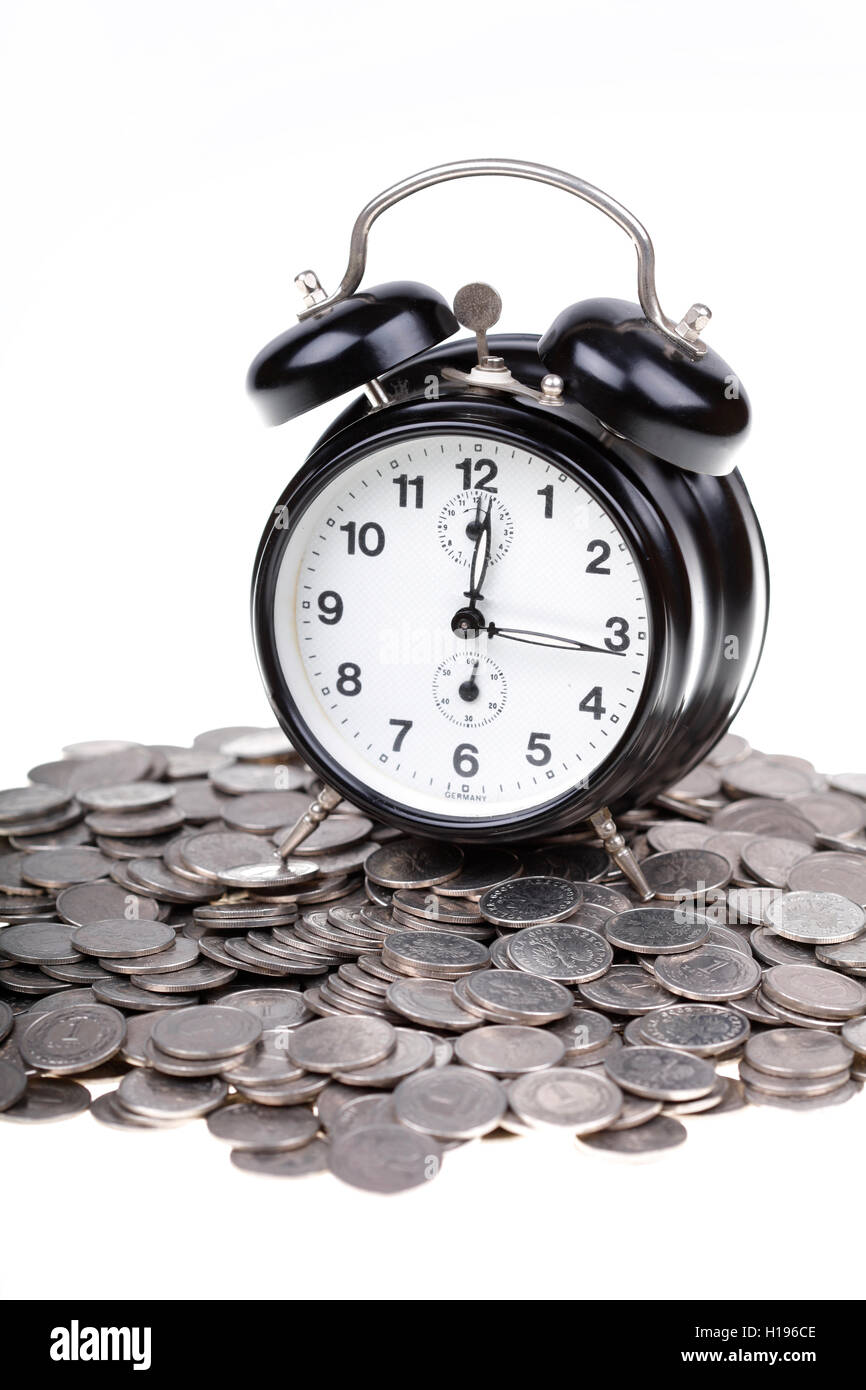 Old vintage clock on a money, coins. Polish zloty currency Stock Photo ...