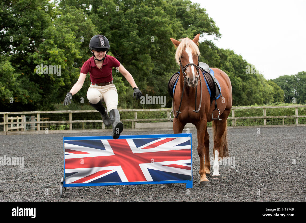 A young pony rider jumping a low fence A Chestnut pony watches as the ... A young pony rider jumping a low fence A Chestnut pony watches as the ...