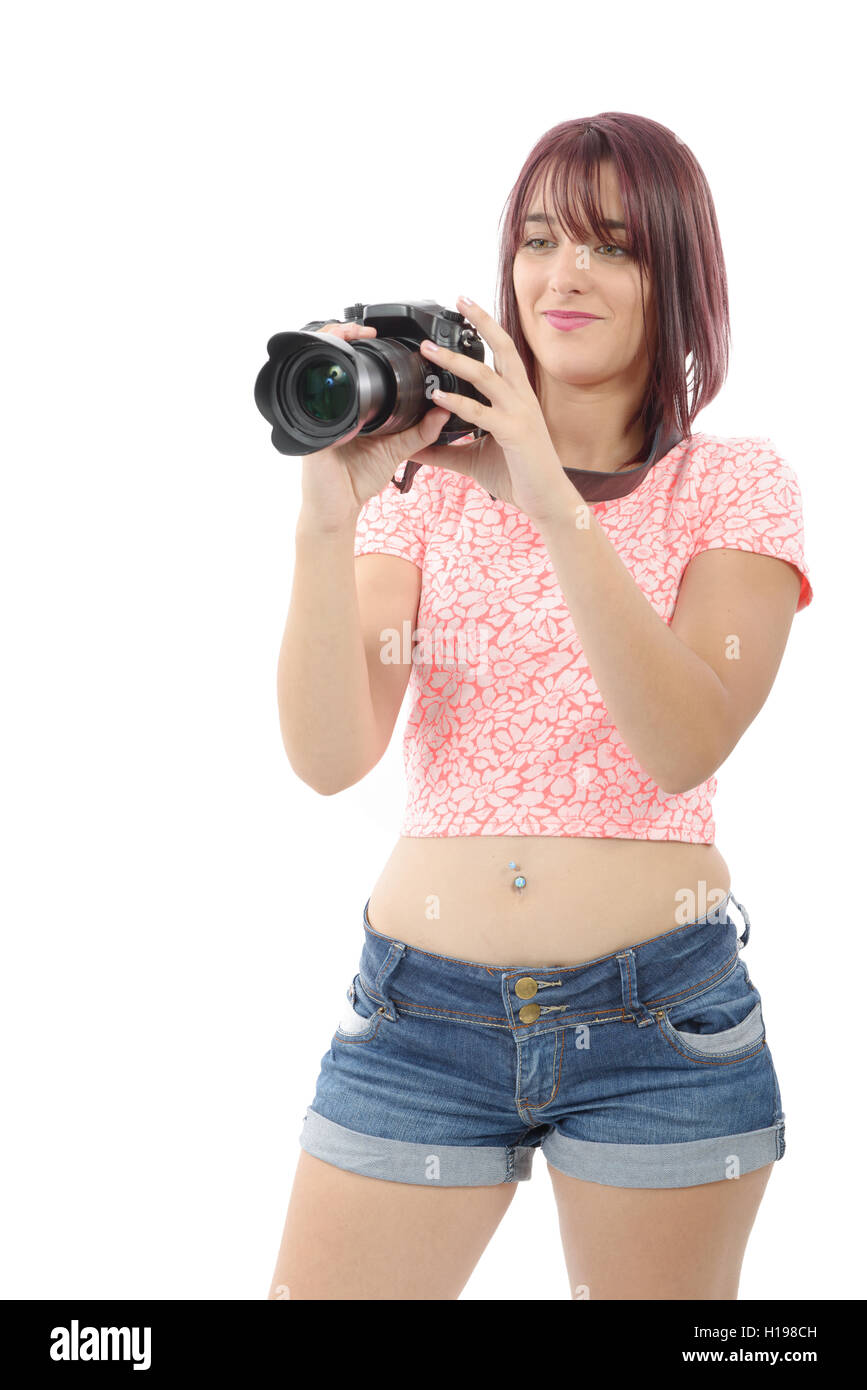 Young woman with photo camera. Isolated over white background Stock ...