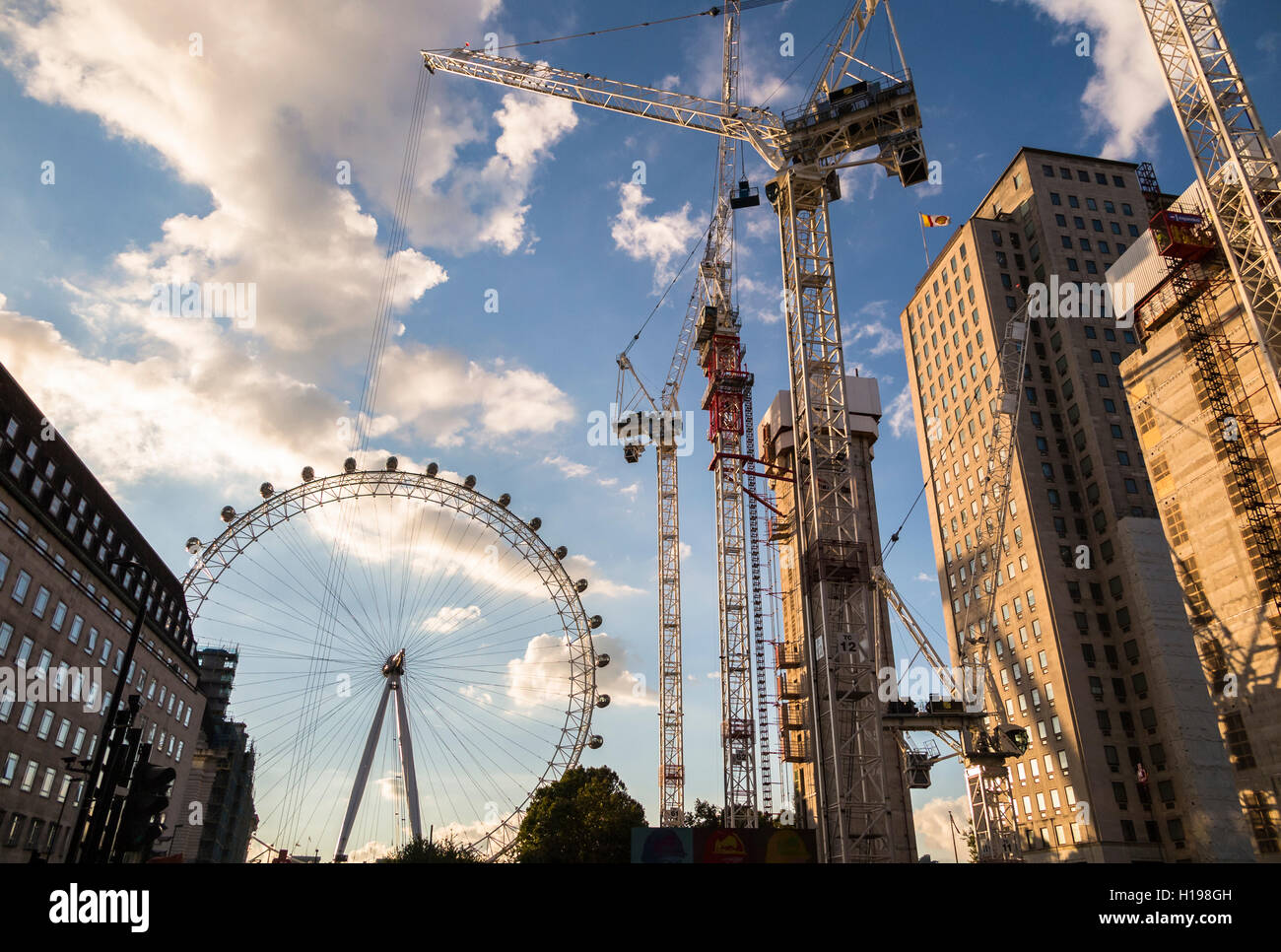 Tower cranes at the Southbank Place development, London SE1, in sunny ...