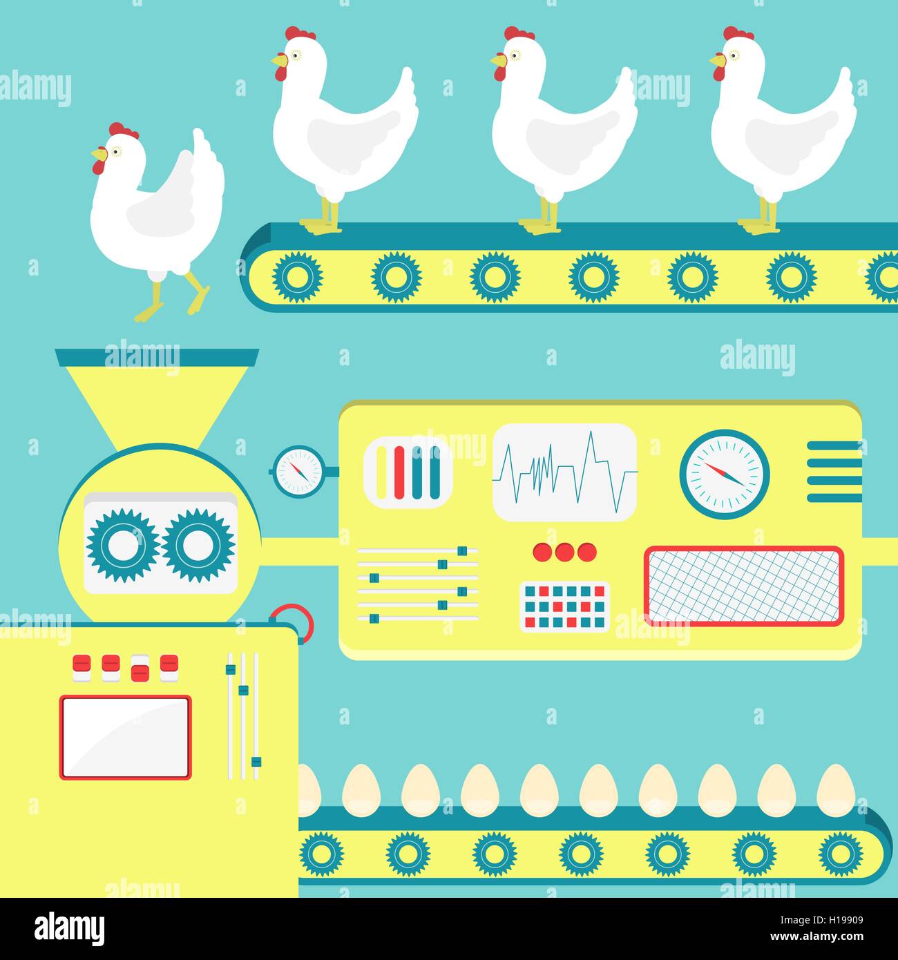 Factory producing chicken egg from live chickens. Concept Stock Vector ...