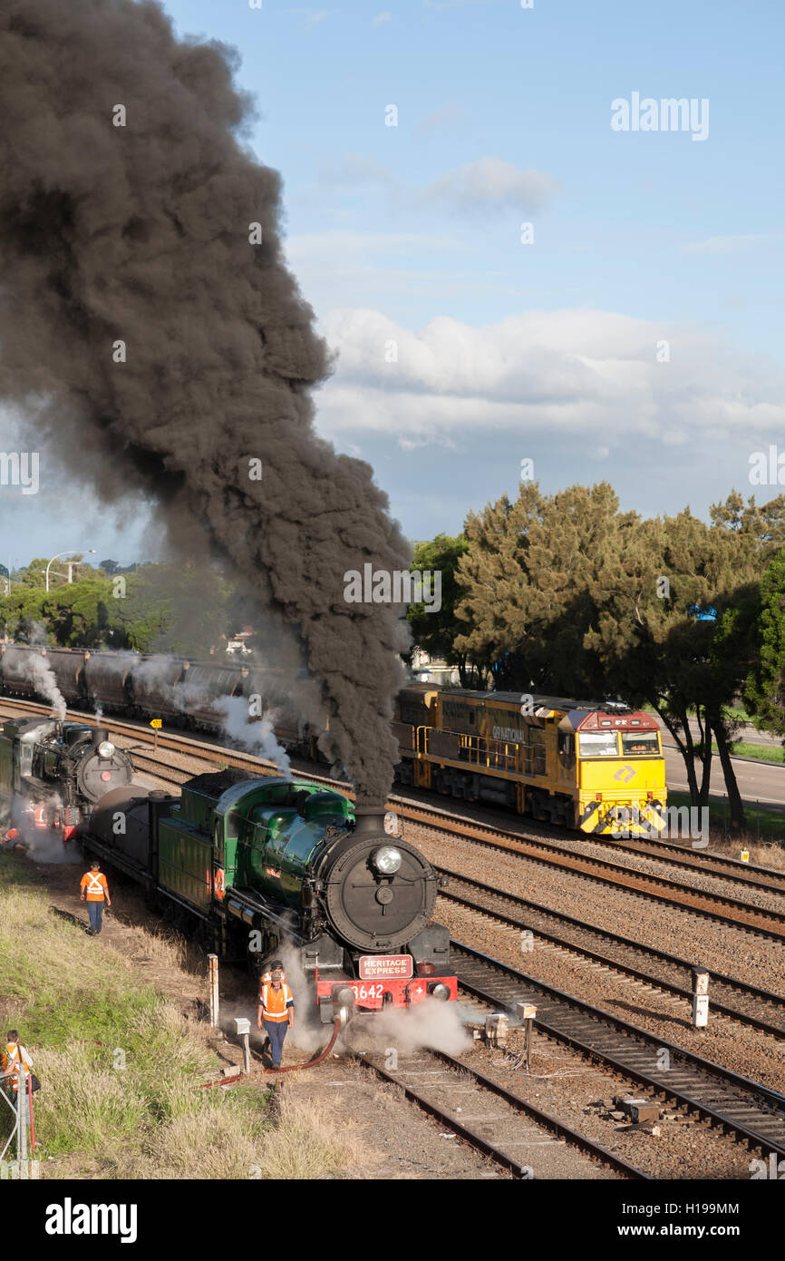 Heritage Railway Steam Locomotive 3642 being passed by modern diesel ...