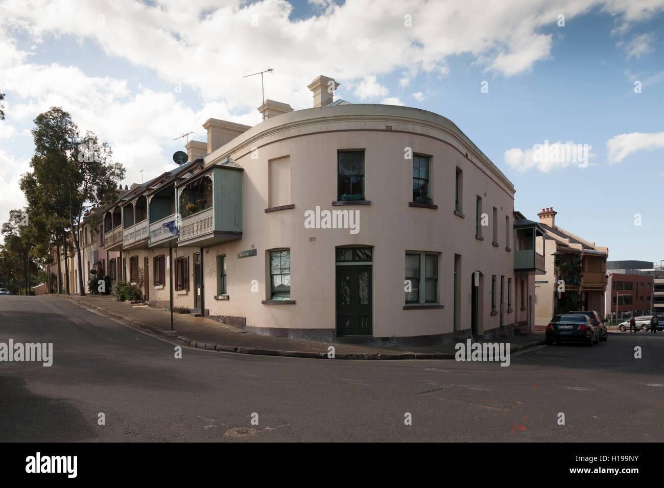 Historic streetscape of wharf workers cottages along Merriman Street ...