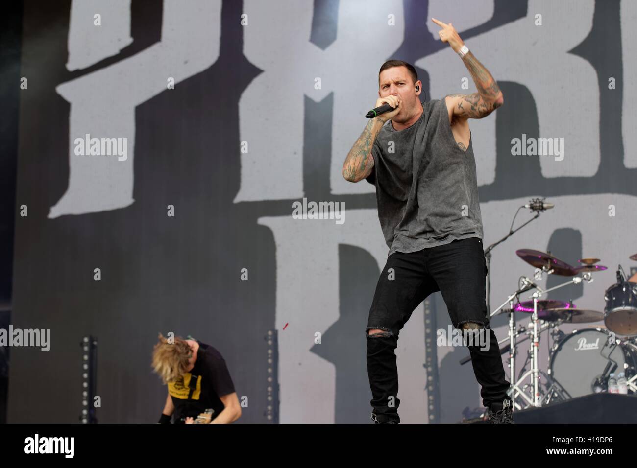 Winston McCall of Parkway Drive on stage at the Sziget Festival, held ...