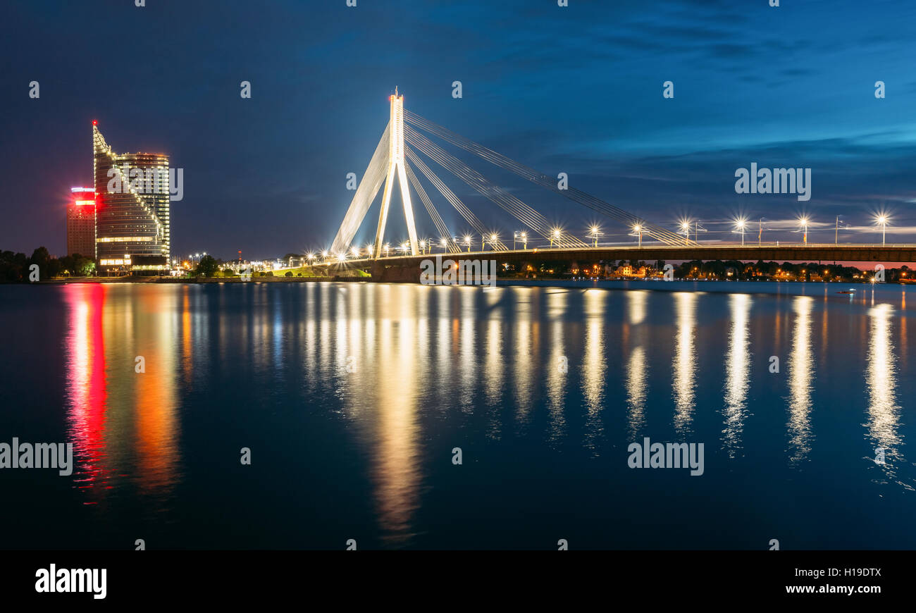 Riga, Latvia. The Scenic View Of Vansu Cable-Stayed Bridge In Bright ...