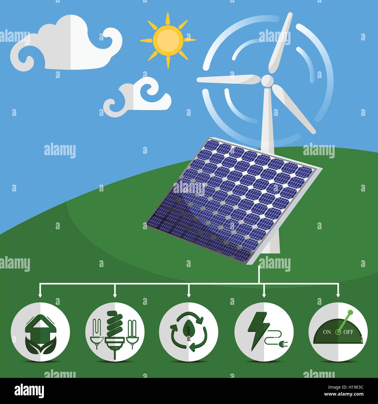 Solar Energy Panels And Wind Turbine With Energy Icon Stock Vector
