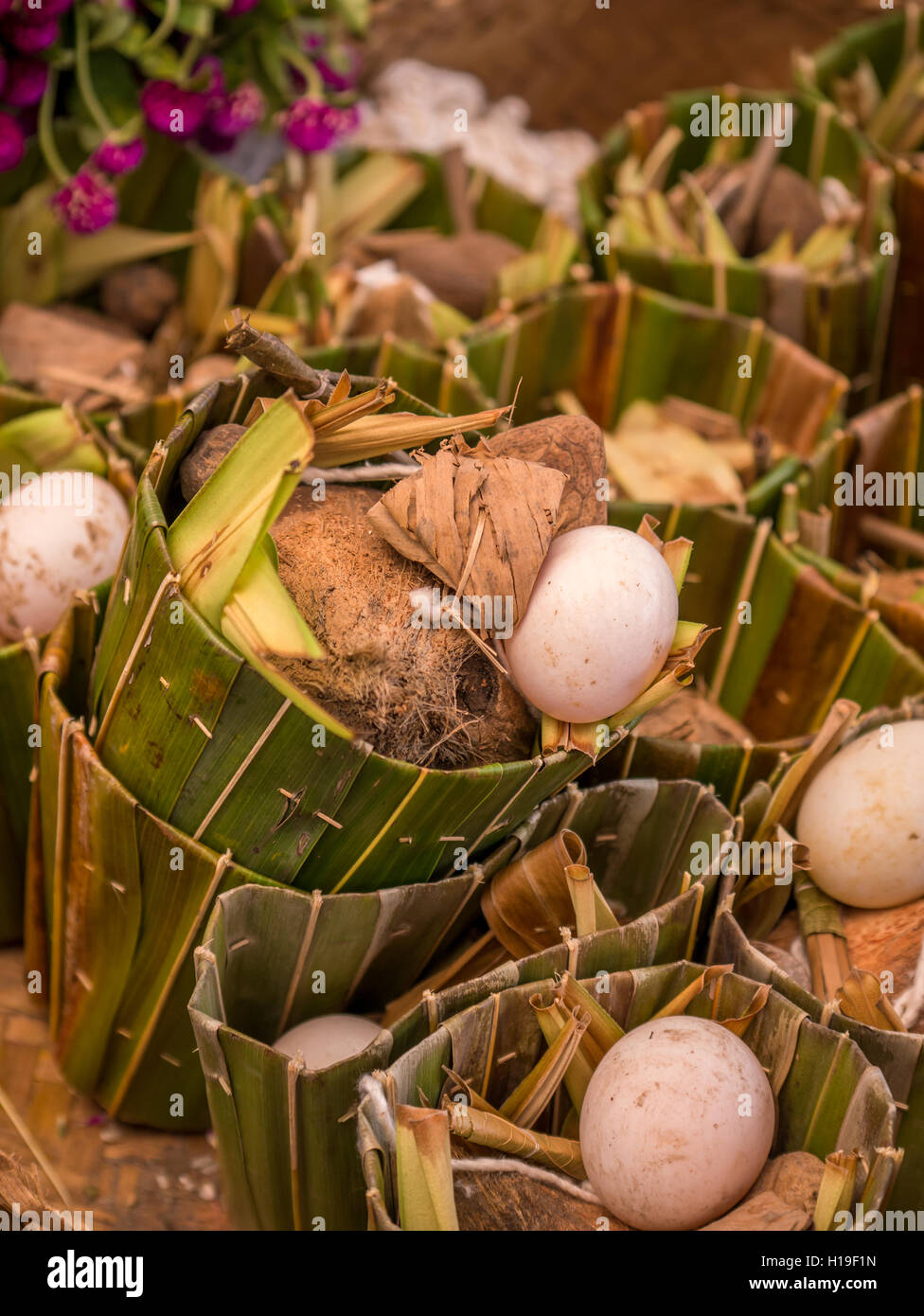 Traditional balinese offerings to gods in Bali with flowers and ...
