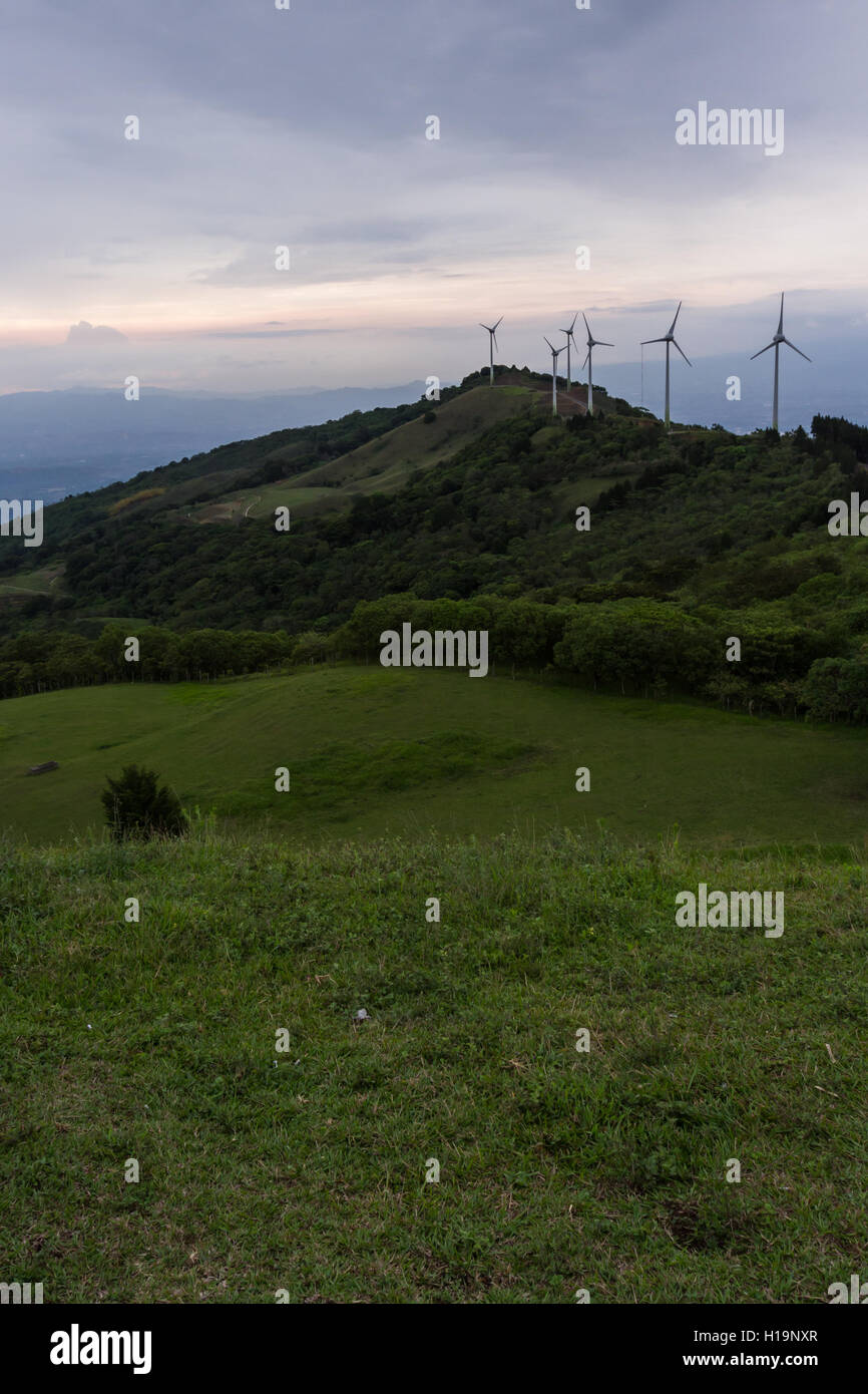 wind turbines on top of a mountain in the central valley of Costa Rica ...