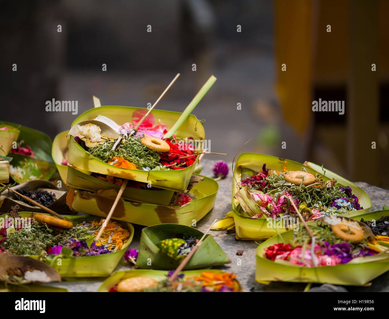 Traditional balinese offerings to gods in Bali with flowers and ...
