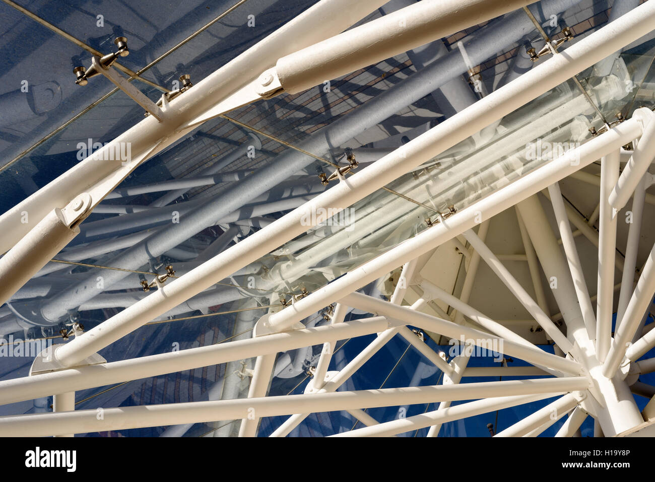 Roof struts abstract of a contemporary building interior set against a ...