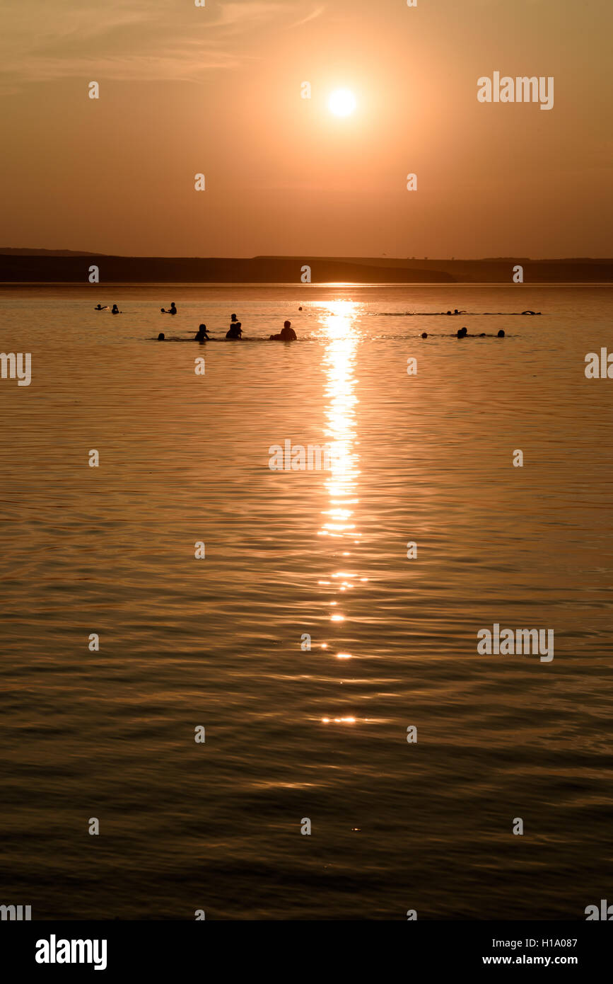 Group of people swimming in a calm lake during sunset Stock Photo - Alamy