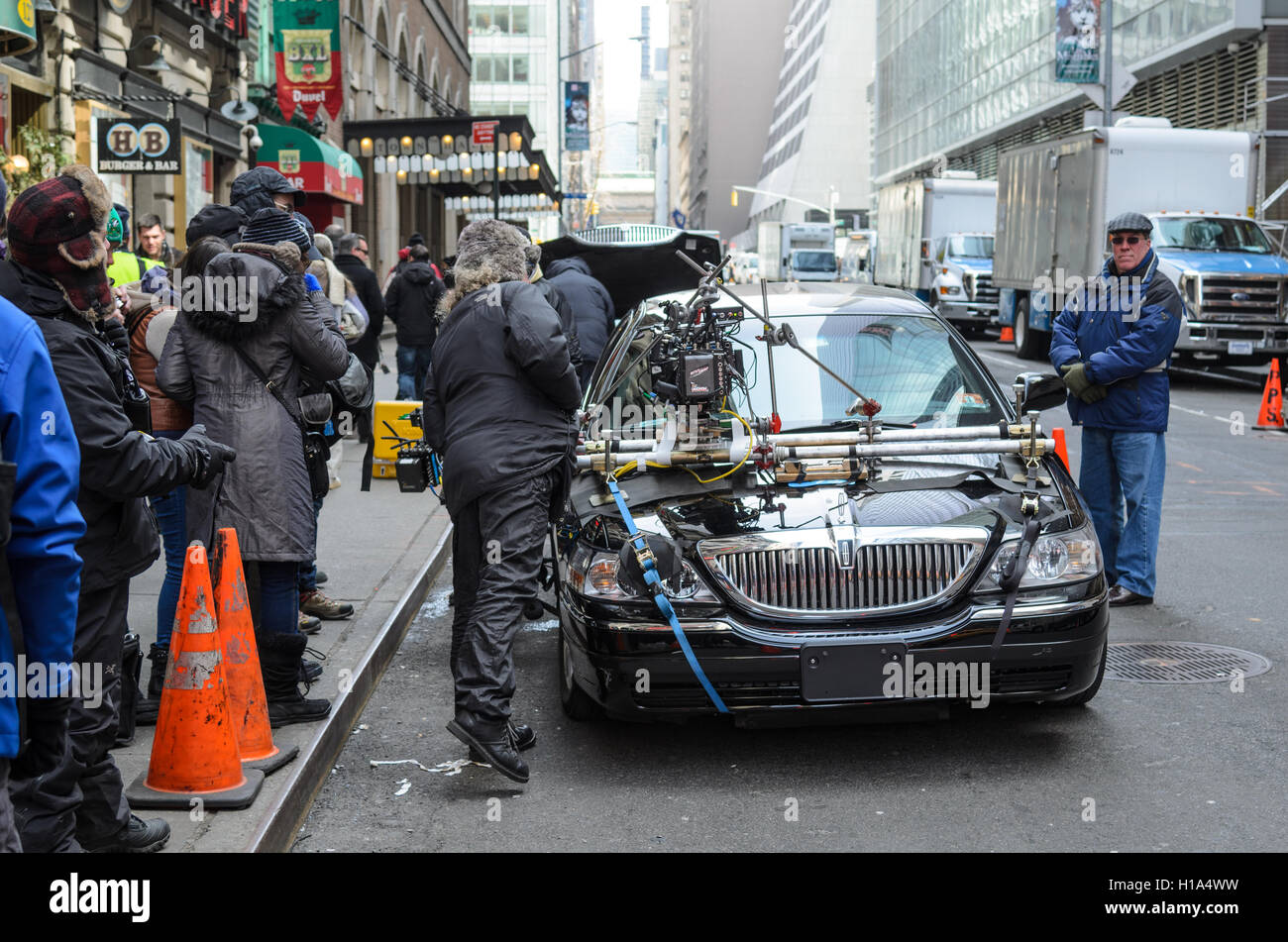 A car rigged with a camera whilst shooting a movie in New York Stock ...