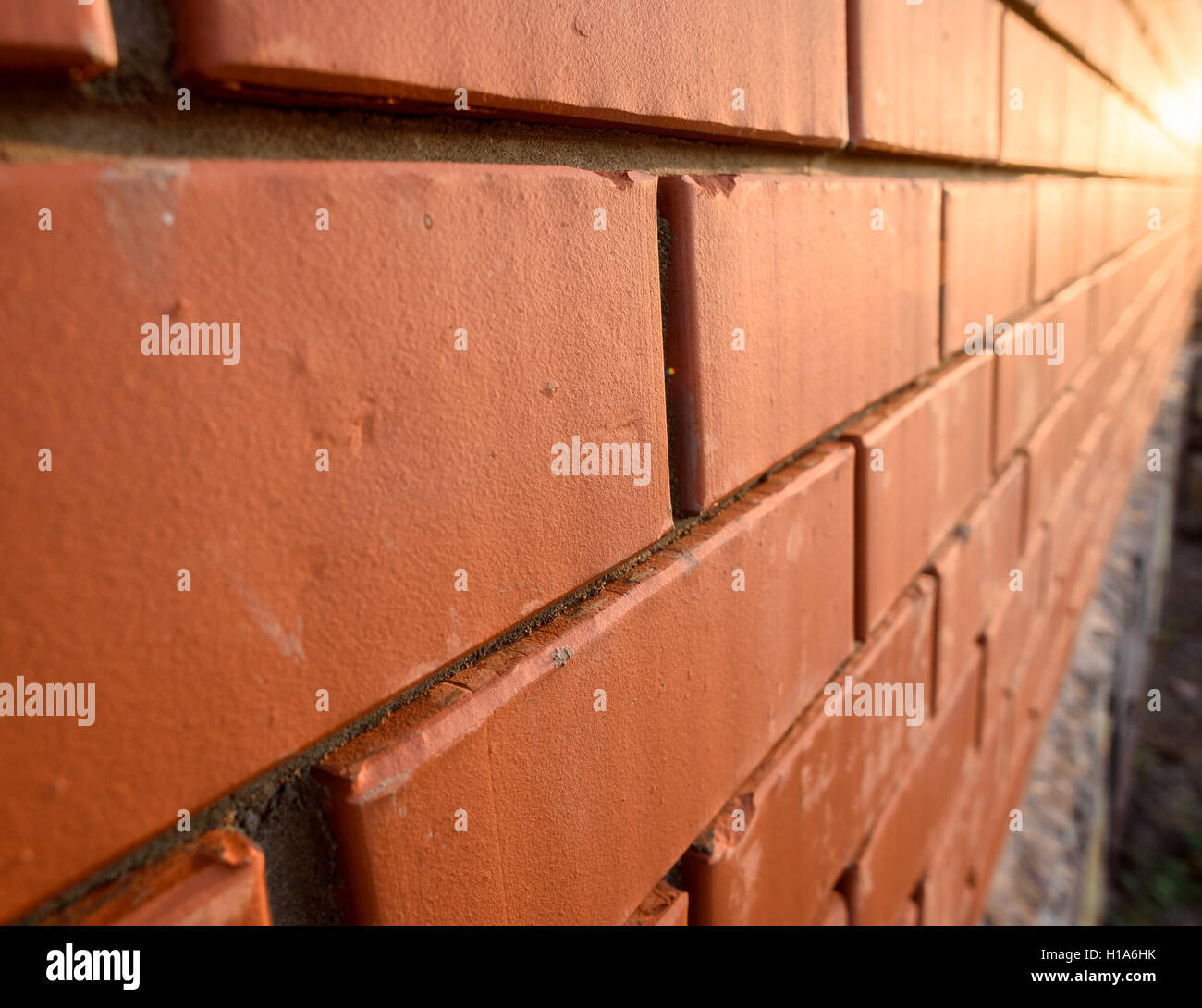 New red brick wall with natural sunlight reflecting off of the stone ...