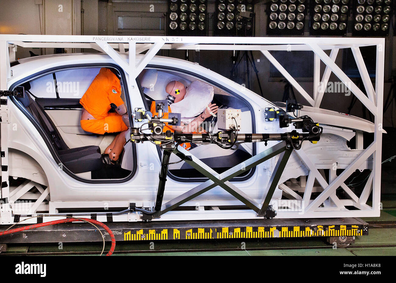 Skoda Auto, sled test, crash test dummy Oscar, seat belts usage, safety ...