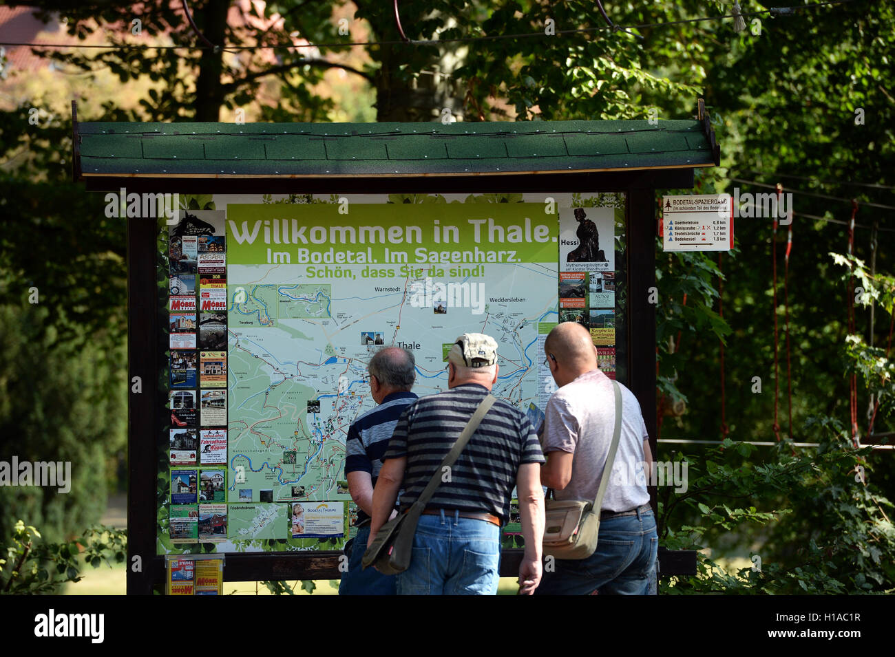 Hikers and day-trippers look at an orientation map written with ...