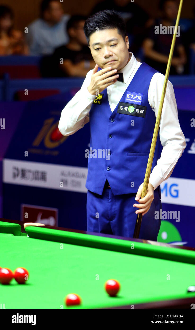 Shanghai, China. 23rd Sep, 2016. Ding Junhui of China reacts during a ...