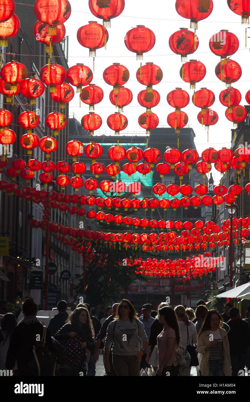 London UK. 23rd Sep 2016. Backlit lanterns in London Chinatown as ...