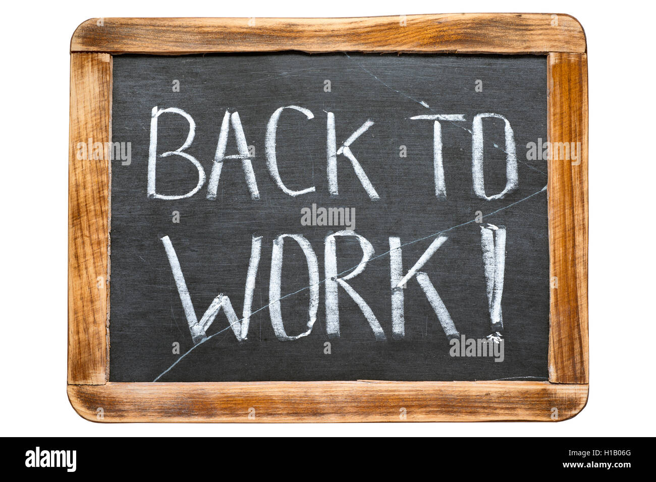 back to work phrase handwritten on vintage school slate board isolated ...