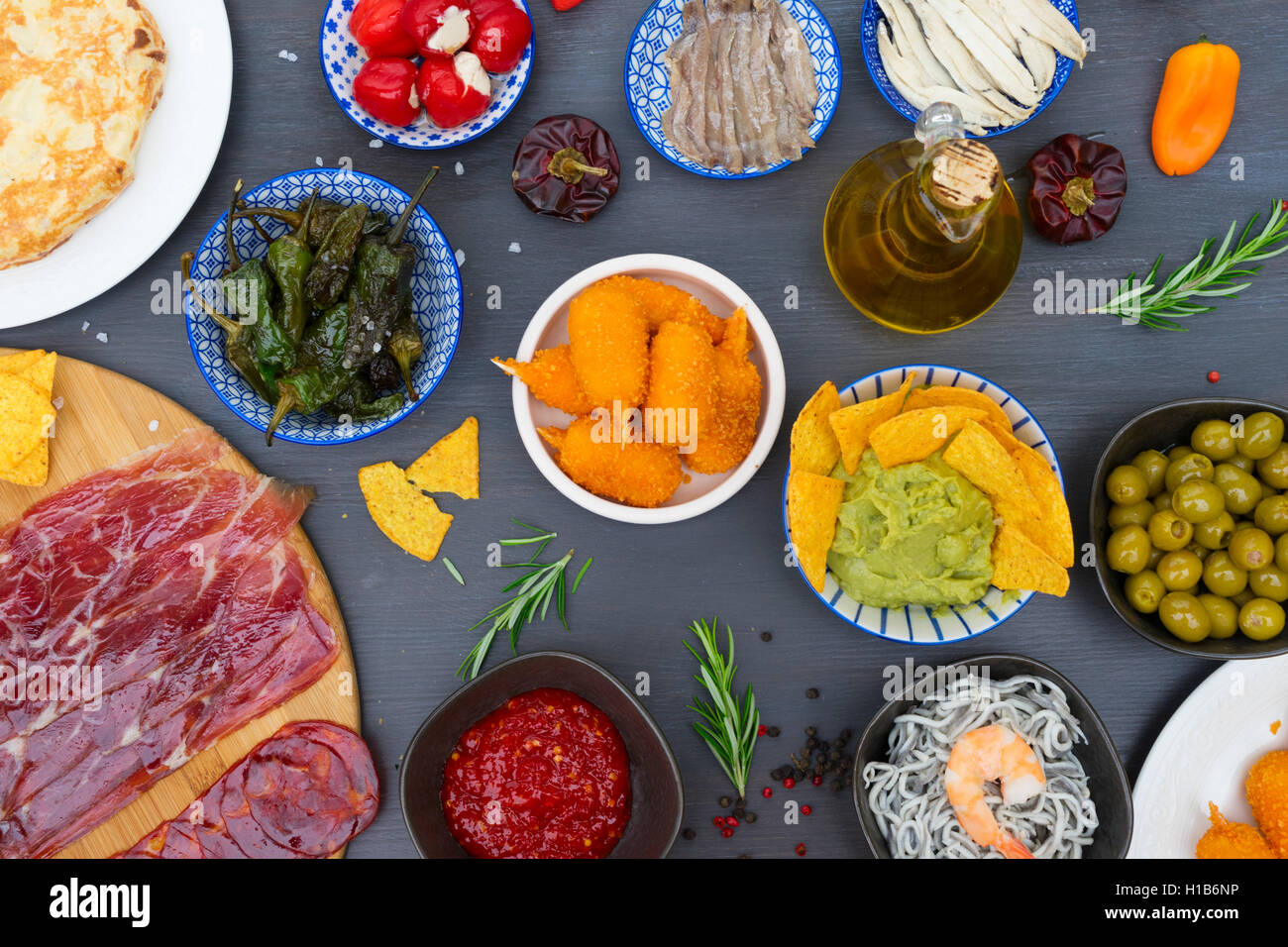 Table with spanish tapas Stock Photo - Alamy