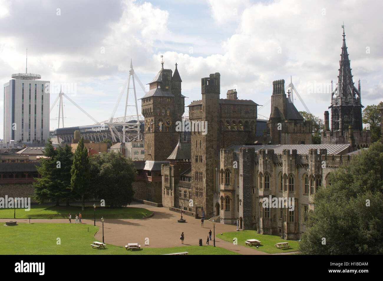 Cardiff Castle with Principality Stadium in background Stock Photo - Alamy