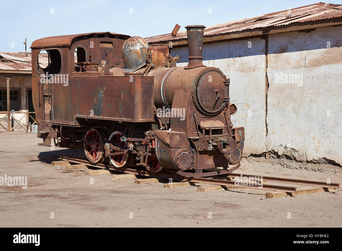 Derelict and rusting steam train at the historic Humberstone Saltpeter ...