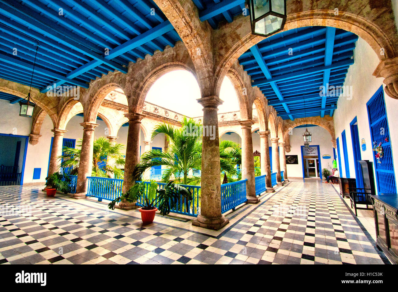 A view of colonial building interior with tropical vegetation in Old ...