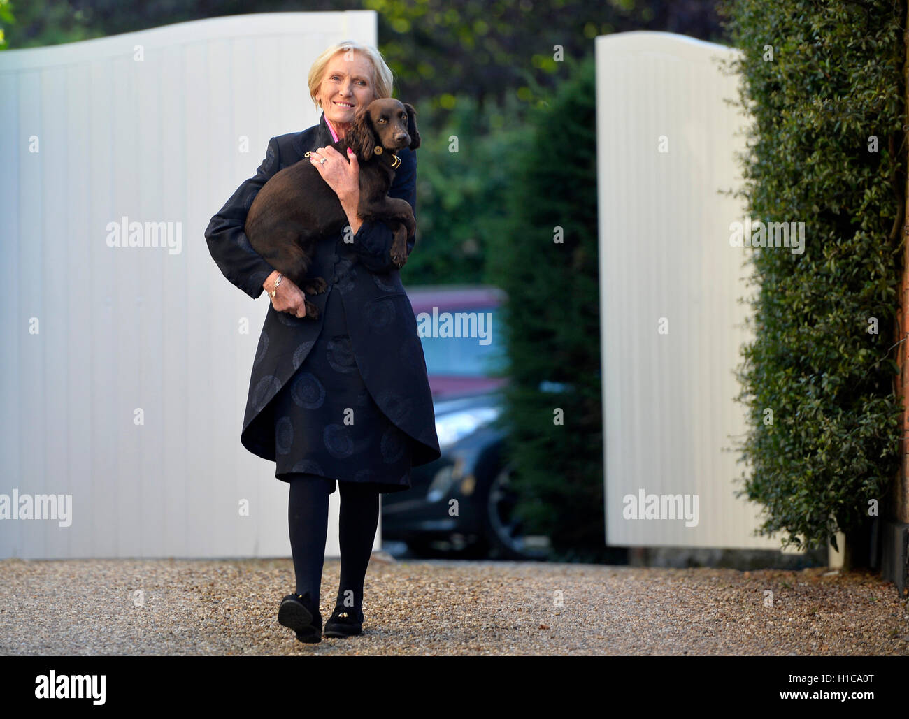 Mary Berry with her dog Darcey outside her home in Buckinghamshire ...