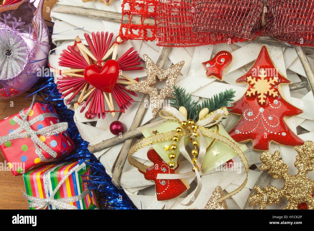 Christmas time. Decorations for the presents. Christmas ornaments on a ...