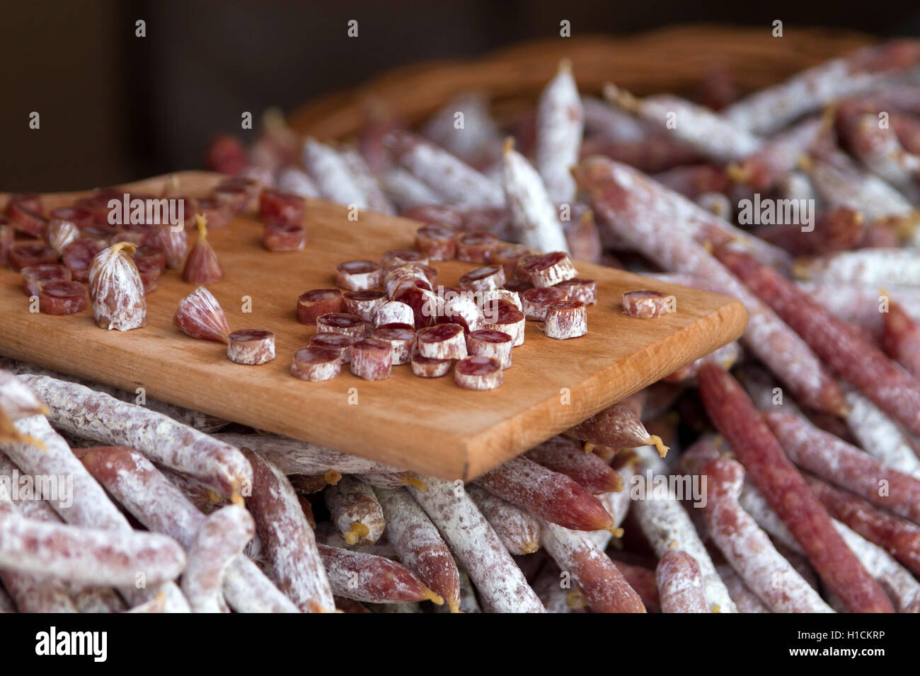 Traditional French hand-made sausage at the market in Paris France ...