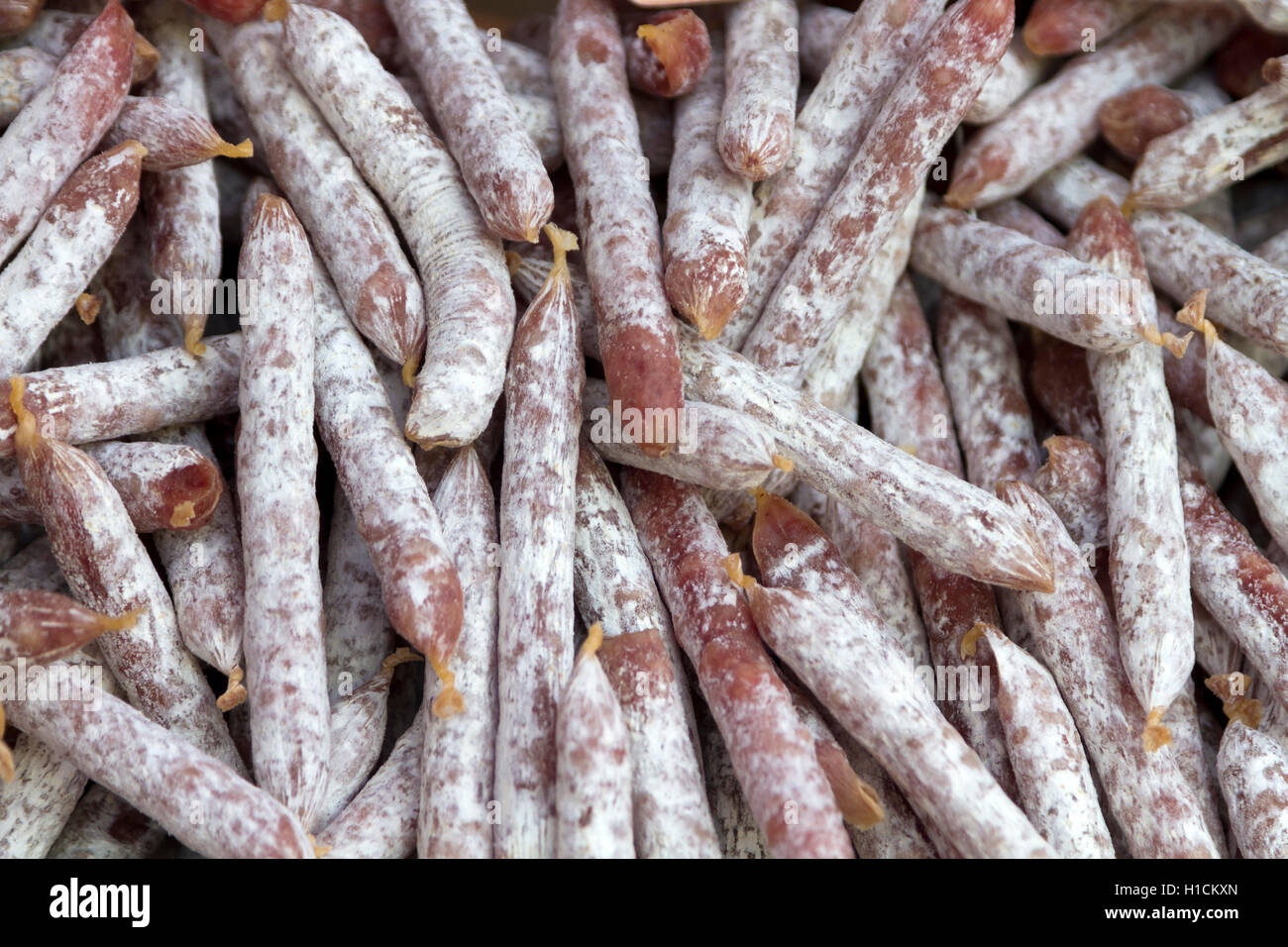 Traditional French hand-made sausage at the market in Paris France ...
