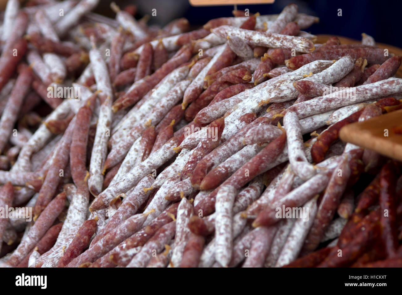 Traditional French hand-made sausage at the market in Paris France ...