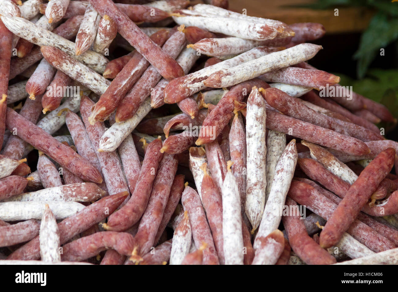 Traditional French hand-made sausage at the market in Paris France ...