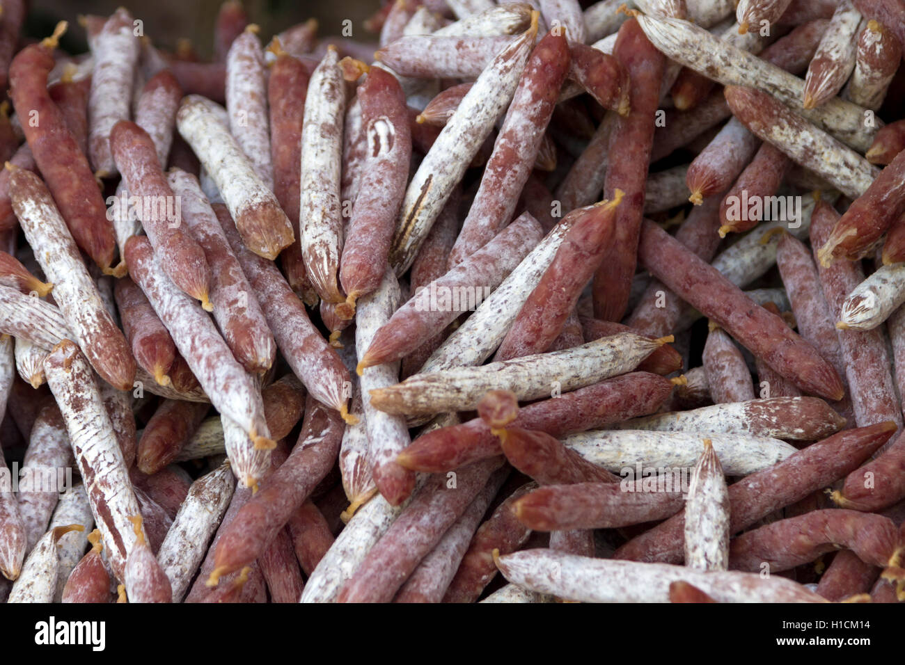 Traditional French hand-made sausage at the market in Paris France ...