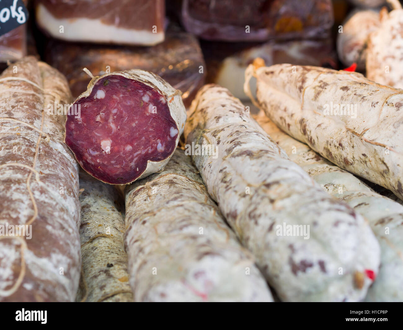 Traditional French hand-made sausage at the market in Paris France ...
