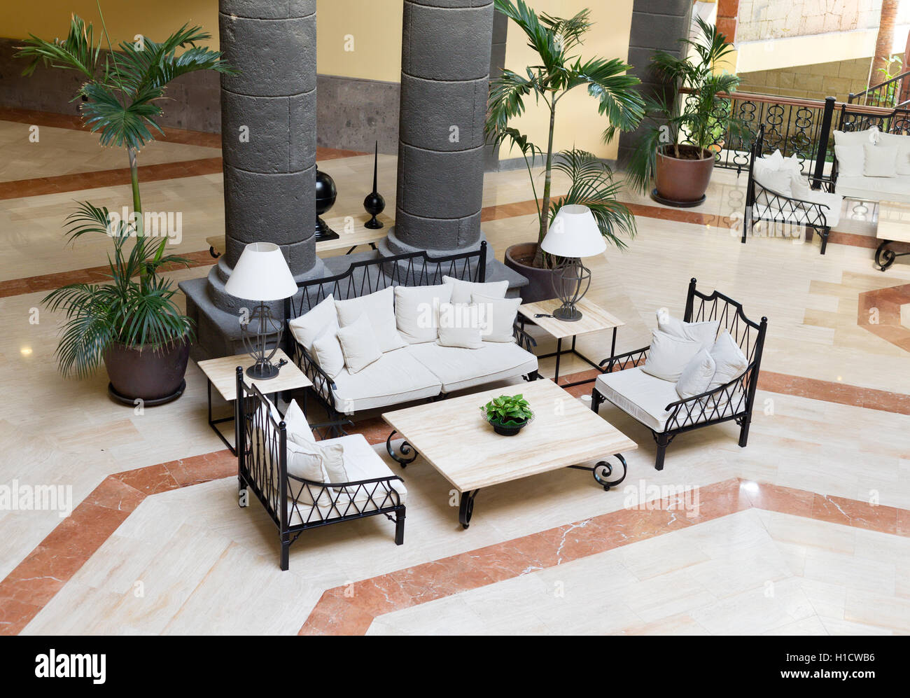 Luxury hotel lobby with columns in bright colors. Top view Stock Photo ...