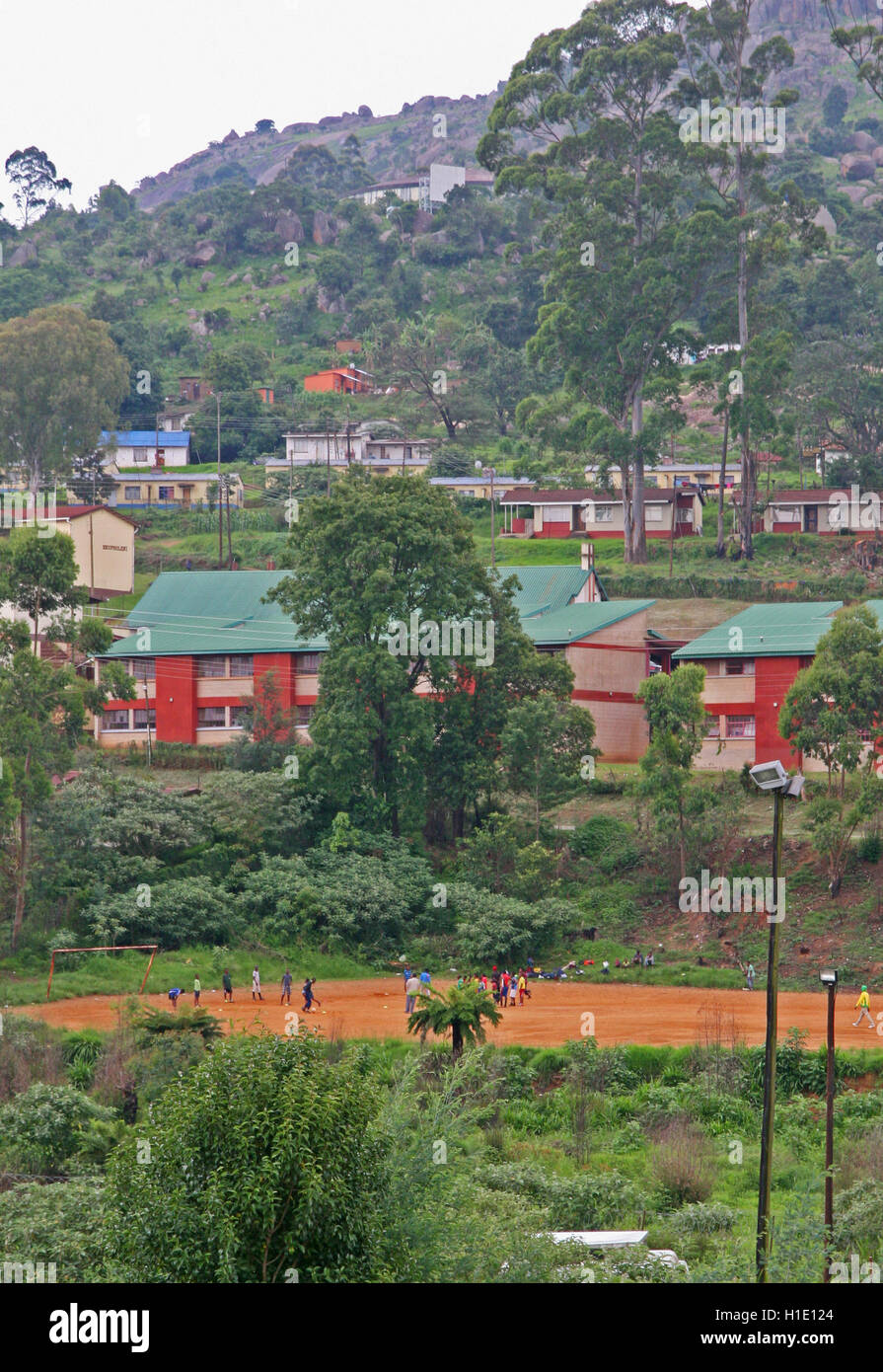 School children playing soccer at school, Mbabane, Kingdom of Swaziland ...