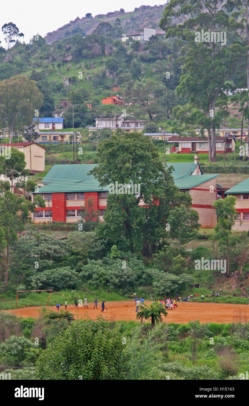 School children playing soccer at school, Mbabane, Kingdom of Swaziland ...