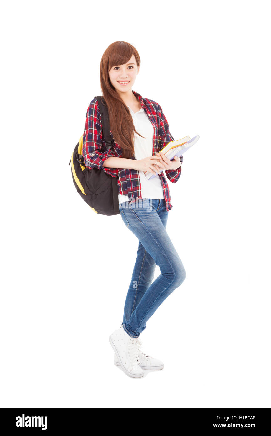 full length smiling college student girl standing Stock Photo - Alamy