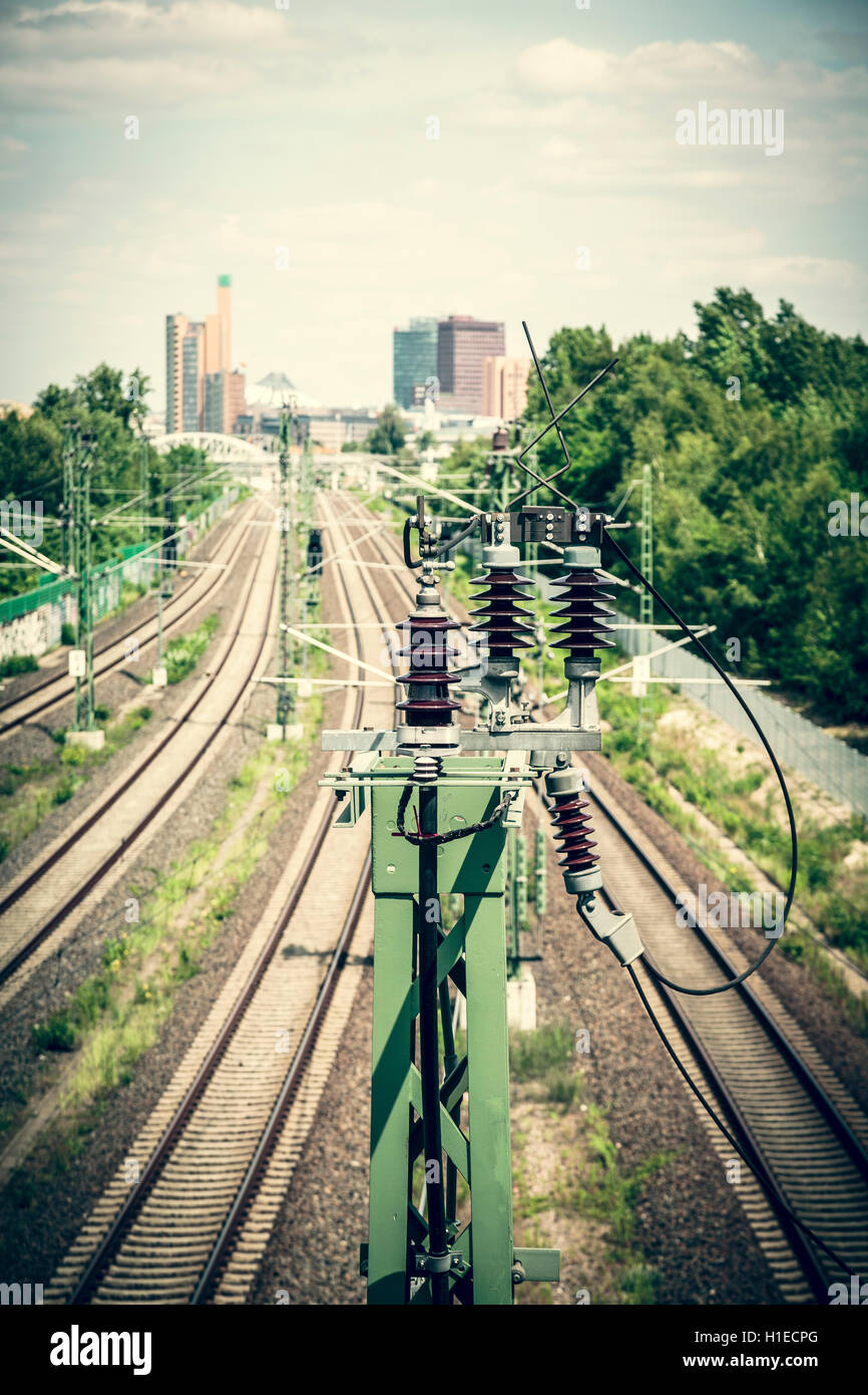 top of an electrical tower with railroad in background, shoot in Stock ...