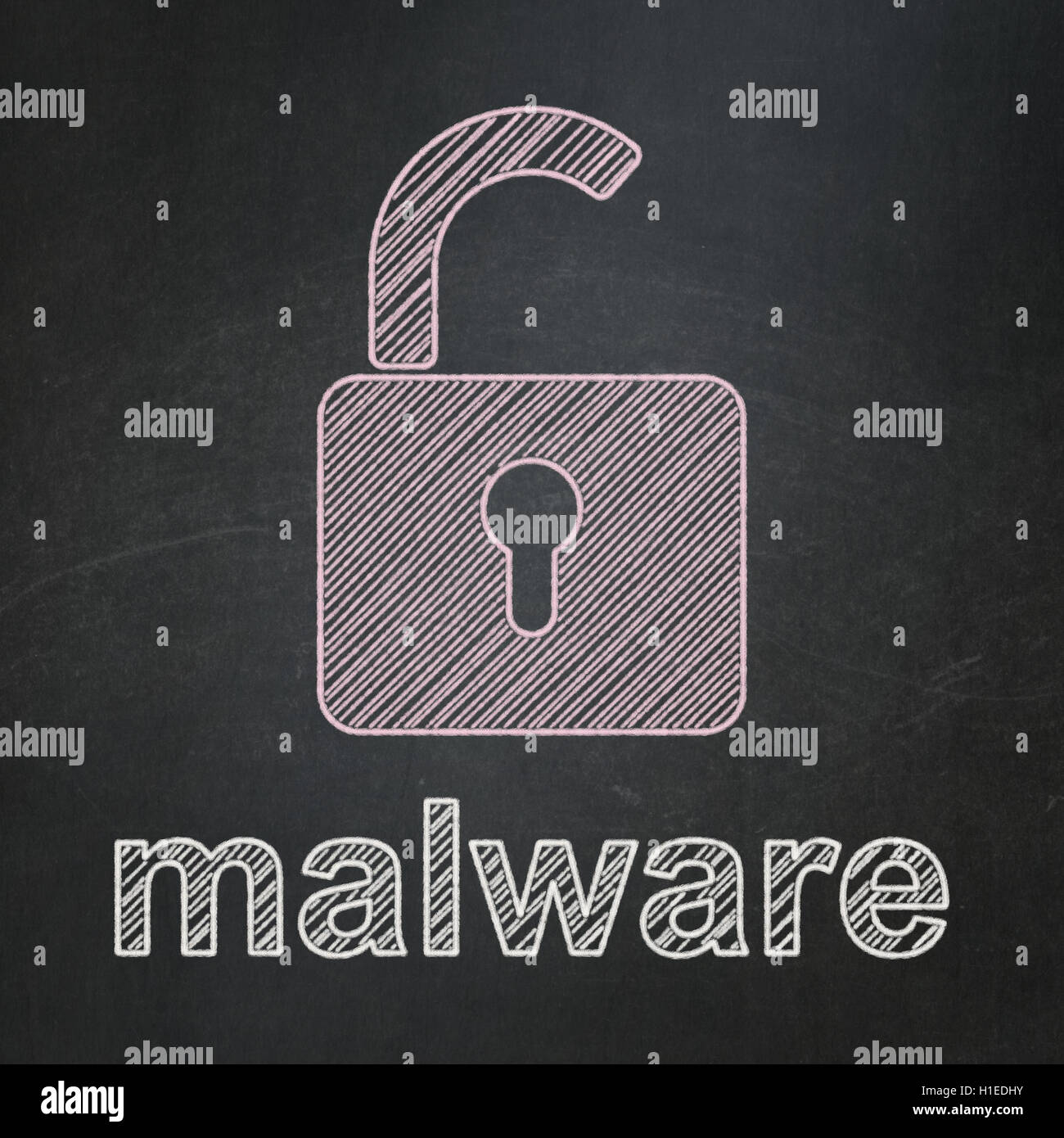 Security concept: Opened Padlock and Malware on chalkboard background Stock Photo - Alamy
